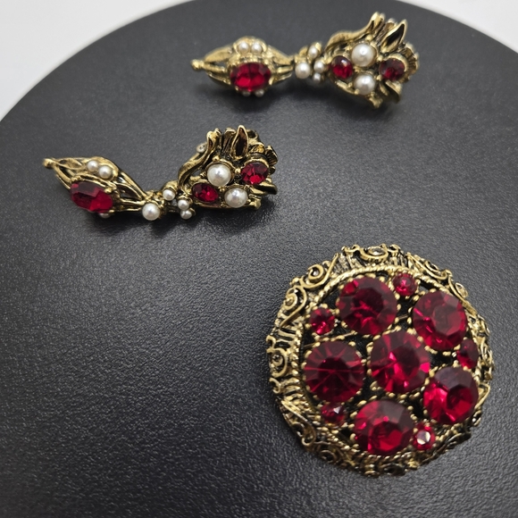 Dodd | Jewelry | Dodd Clip Earrings Brooch Set Red Stones Faux Pearls ...
